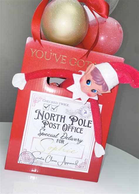 Naughty Elf Arrival Red Post Box With Balloon Topper Naughty Elf