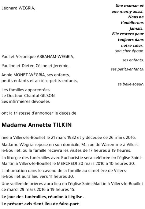 Avis De Décès De Annette Tilkin Décédé Le 26 03 2016 à Villers Le Bouillet Annonce