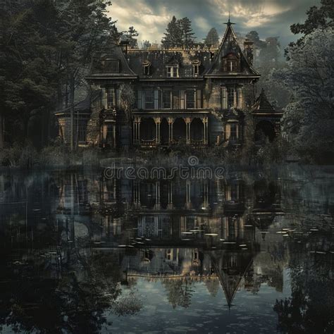 Eerie Gothic Mansion Reflected In Dark Waters Under Dramatic Cloudy Sky