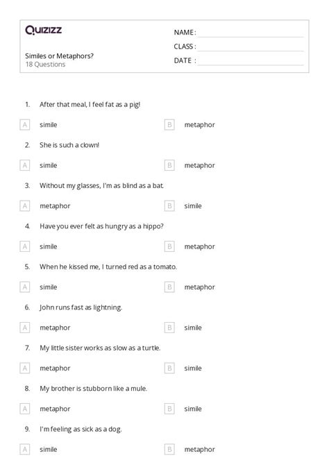 50 Similes Worksheets For 4th Class On Quizizz Free And Printable