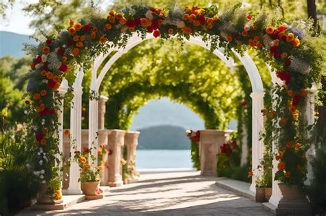 Premium Ai Image A Beautiful Arch With Flowers On The Water