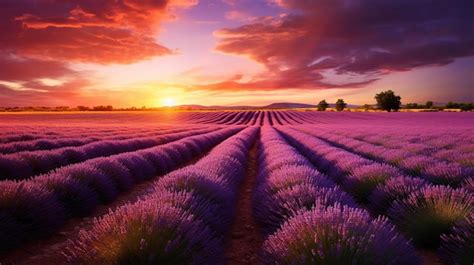 Premium Ai Image Magical Sunset Over Endless Lavender Fields