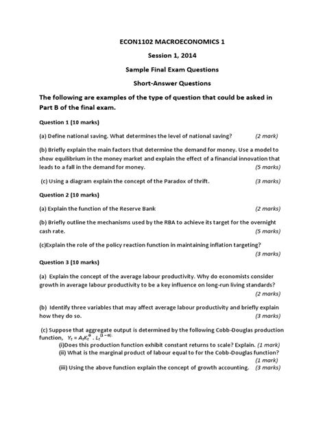 Econ1102 Macroeconomics 1 Sample Exam Questions Inflation Labour