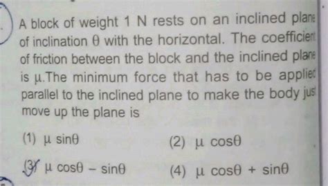 A Block Of Weight 1 N Rests On An Inclined Plane Of Inclination With