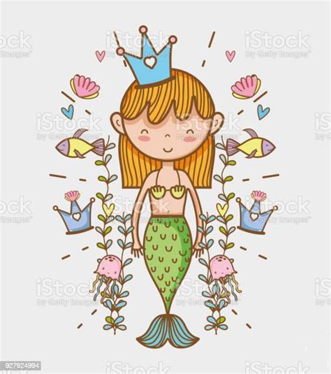 작은 인 어 예술 만화 공주에 대한 스톡 벡터 아트 및 기타 이미지 공주 귀여운 꼬리 Istock