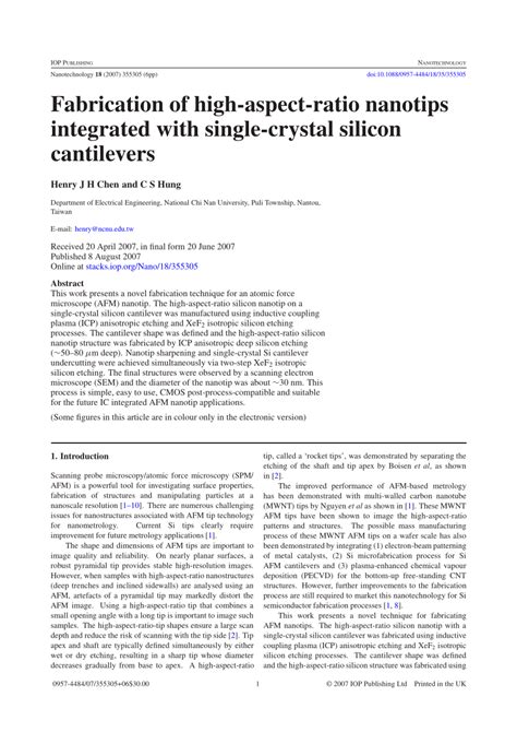 Pdf Fabrication Of High Aspect Ratio Nanotips Integrated With Single Crystal Silicon Cantilevers