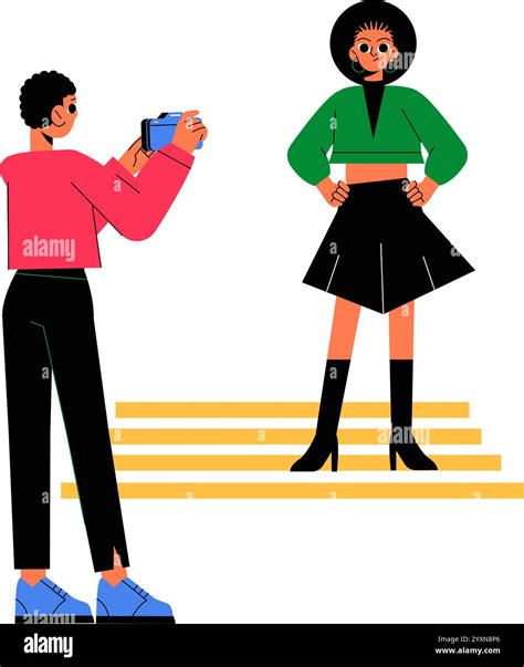 Photographer Taking A Picture Of Female Model Posing On Steps In Flat Vector Illustration
