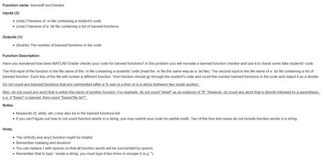 Function Name BannedFuncChecker Inputs Char Chegg
