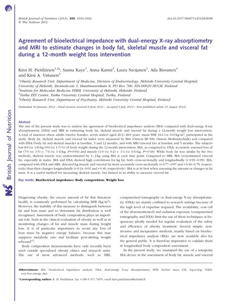 Pdf Agreement Of Bioelectrical Impedance With Dualenergy Xray Within