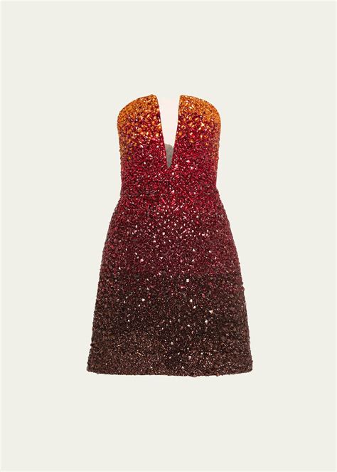 Pamella Roland Ombre Crystal Strapless Short Cocktail Dress Bergdorf