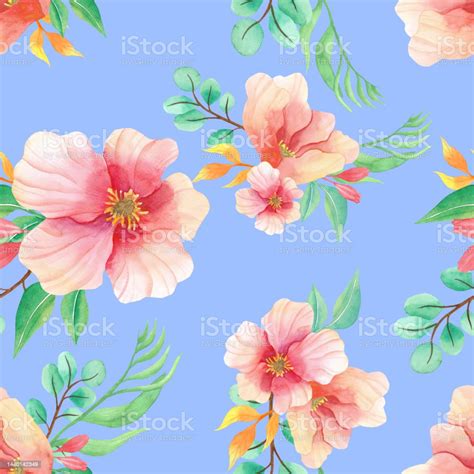 원활한 수채화 그림 배경은 화려한 꽃 꽃과 나뭇잎을 배경 질감 포장지 섬유 인사말 카드 템플릿 또는 벽지 디자인에 사용되는 라인 아트와 혼합합니다 가구에 대한 스톡 벡터