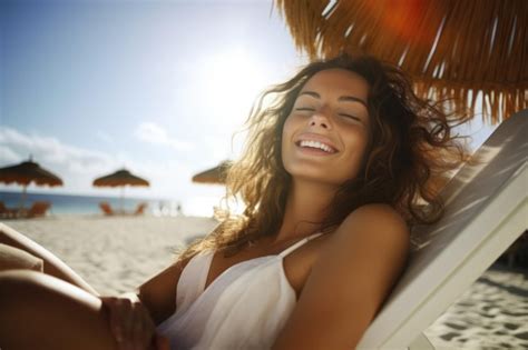 Premium Photo Woman Relaxing On A Beach Hammock Under A Thatched Umbrella