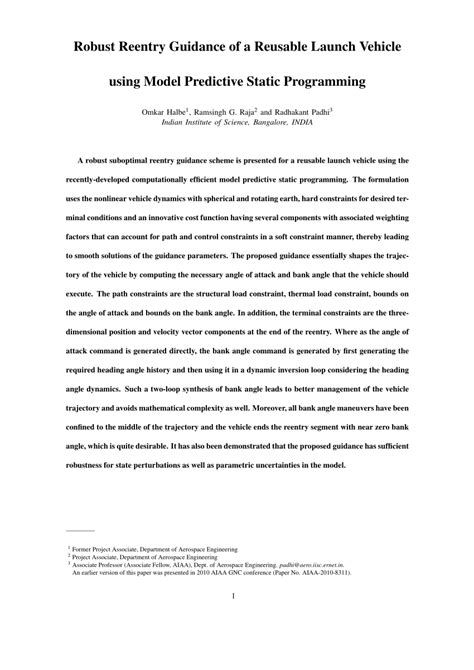 Pdf Robust Reentry Guidance Of A Reusable Launch Vehicle Using Model