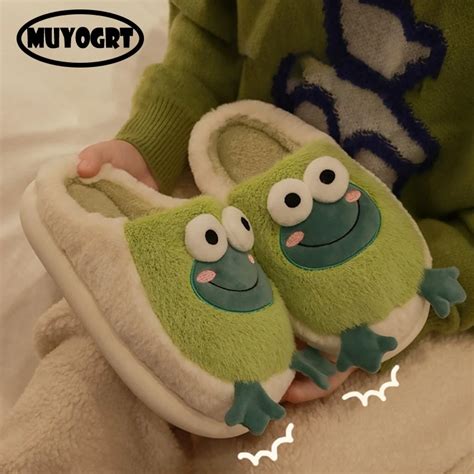 카와이 만화 개구리 슬리퍼 곰 슬라이드 슬리퍼 겨울용 러블리 홈 슬리퍼 남성 실내 슬라이드 신발 여성 슬리퍼