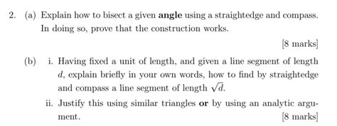 Solved 2 A Explain How To Bisect A Given Angle Using A