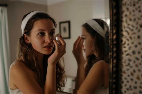 A Young Woman Applies Moisturizer To Her Face Her Reflection In The