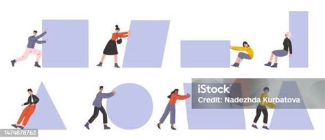 모양을 밀고 있는 만화 사람들 큰 다른 원시 기하학적 인물을 가진 남성과 여성 사람은 노력 사각형과 삼각형으로 움직입니다 목표를 위해 노력합니다 벡터 극복 세트 밀기에 대한