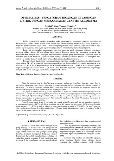 Pdf Optimalisasi Pengaturan Tegangan Di Jaringan Listrik Dengan Menggunakan Genetik Algoritma