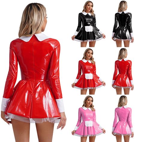 Womens Patent Leather French Maid Dress Apron Long Sleeve Cosplay Club