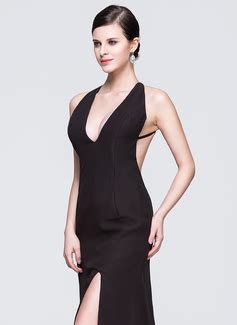 Sheath Column V Neck Sweep Train Chiffon Evening Dress With Split Front