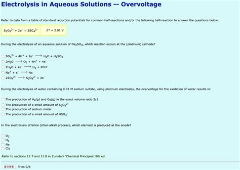 Solved Electrolysis In Aqueous Solutions Overvoltage Chegg