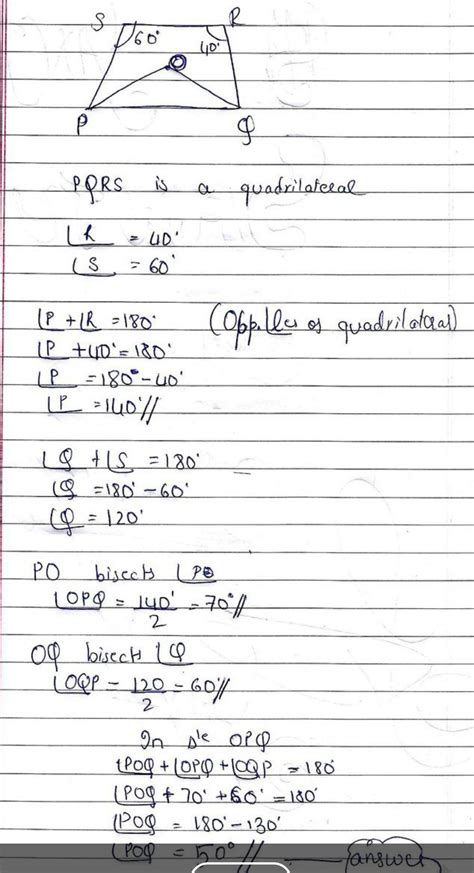 in quadrilateral Pqrs , po and qo are the bisector of angle p and angle ...