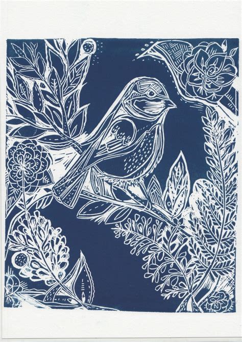 Linocut Print Bird A4 Blue Original Art Block Print Lino Etsy