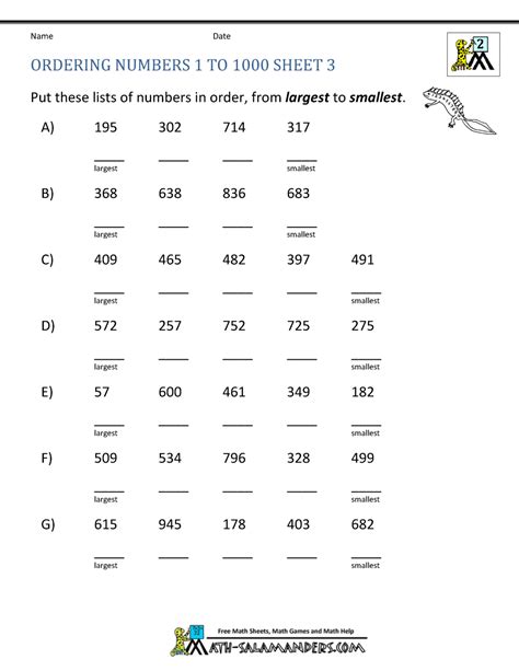 Ordering Numbers Worksheets Up To
