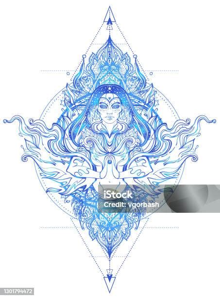신성한 기하학과 화재를 가진 아시아 마법 여자 벡터 일러스트레이션 Sacred Geometry에 대한 스톡 벡터 아트 및 기타