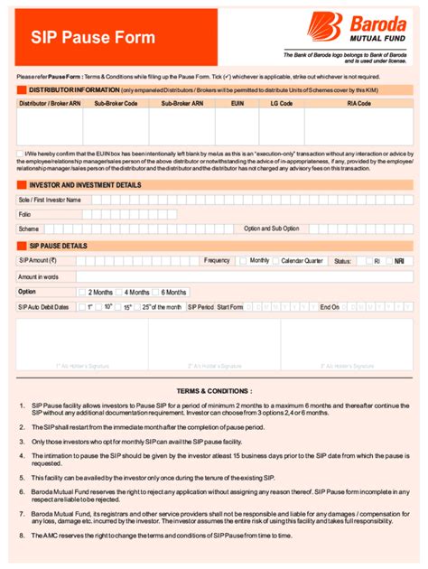 Fillable Online SIP Pause Cancellation Form Barodamf Fax Email Print PdfFiller