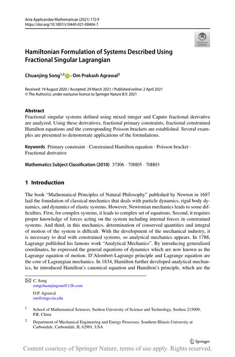 Hamiltonian Formulation Of Systems Described Using Fractional Singular Lagrangian Request Pdf