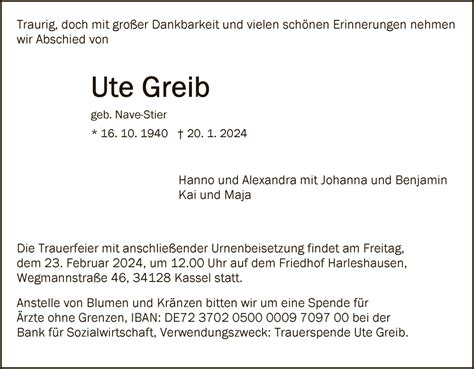 Traueranzeigen Von Ute Greib Trauer Hna De