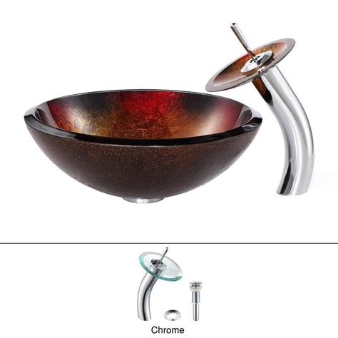 Kraus Mercury Glass Vessel Sink In Redgold With Waterfall Faucet In