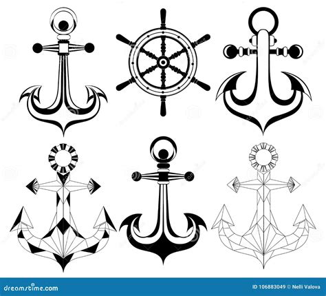 Silhouette Anchors Rudders And Ropes Vector Set Black White Doodle