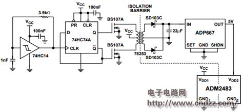 Adm2483参考设计电路 差分总线收发器应用电路 其他电源电路图 电子产品世界
