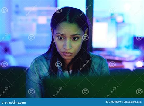 Woman Computer Or Stress Face In Neon House With Cybersecurity Ransomware Night Phishing Or