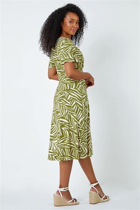 Roman Petite Khaki Animal Stretch Gathered Midi Dress Matalan