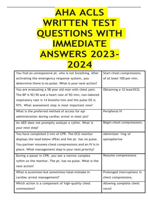 AHA ACLS WRITTEN TEST QUESTIONS WITH IMMEDIATE ANSWERS AHA ACLS Stuvia US