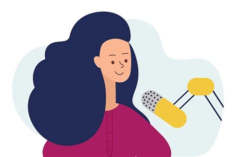 팟캐스트 컨셉 팟캐스트에 대한 그림입니다 마이크에 말하고 테이블에 앉아 있는 소녀 세련된 스타일의 플랫 벡터 Bmi Organized Group에 대한 스톡 벡터 아트