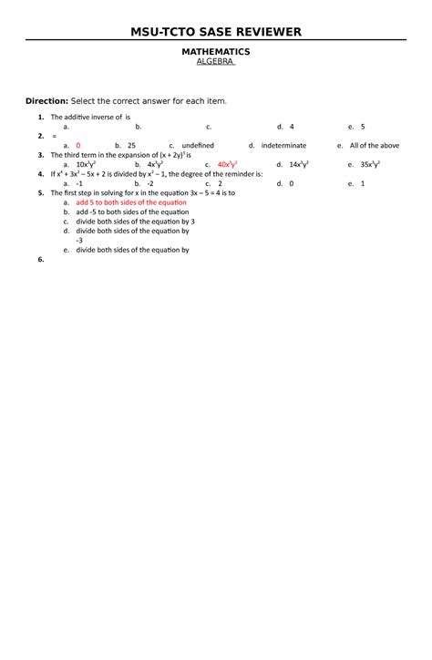 SASE Reviewer MATH MSU TCTO SASE REVIEWER MATHEMATICS ALGEBRA