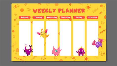 주간 플래너 다시 귀여운 재미 와 친절한 작은 괴물과 학교 시간표 템플릿으로 아이들은 디자인 템플릿을 예약합니다 인쇄를 위한 벡터 자식 그림 0명에 대한 스톡 벡터 아트 및