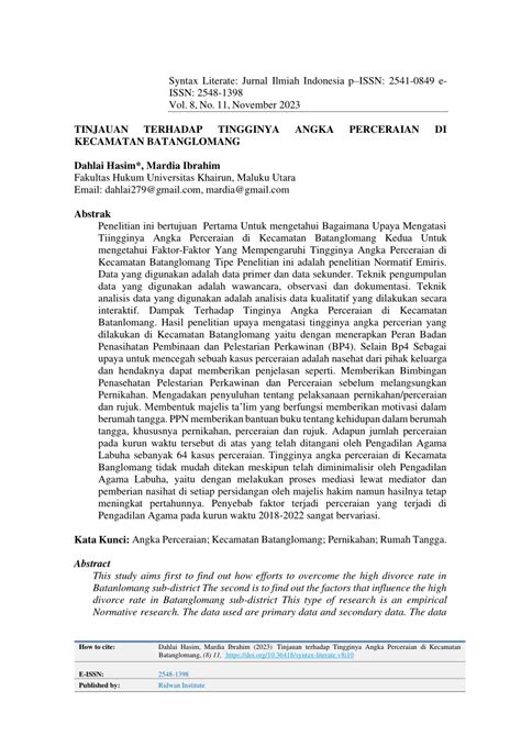 PDF Tinjauan Terhadap Tingginya Angka Perceraian Di Kecamatan