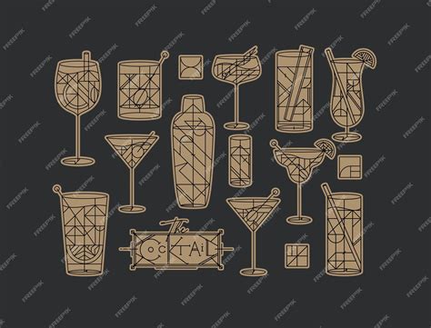 Premium Vector Art Deco Cocktails Set Dark Gold