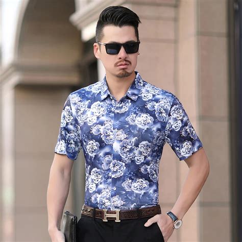 2018 Summer Mens Flowers Short Sleeved Shirts Men Silk Cotton Male