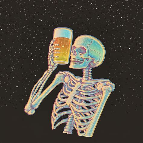 Skeleton Holding A Beer Glass In His Hand And A Space Background