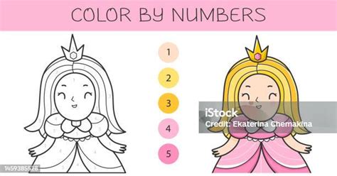 공주와 함께 아이들을위한 숫자 색칠 공부 책으로 색칠하십시오 색칠하기 위한 예가 있는 귀여운 만화 공주가 있는 색칠 공부 페이지 흑백 및 컬러 버전 색상 이미지에 대한 스톡