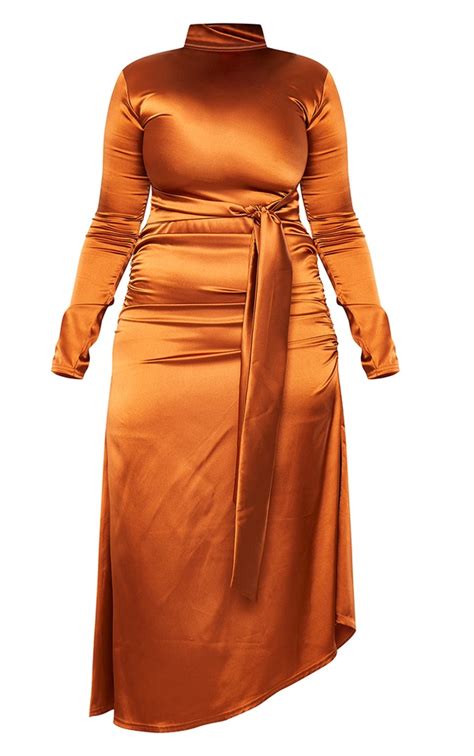 Rust Satin High Neck Tie Front Midi Dress Prettylittlething