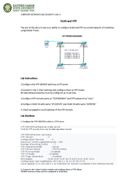 CNS Lab 4 Est Its An Lab Manual COMPUTER NETWORKS AND SECURITY I LAB 4 VLAN And VTP The Aim