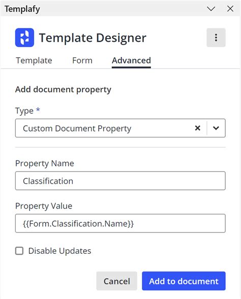 how to set a custom document property in the metadata of a template