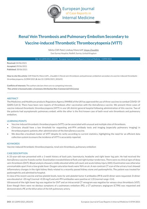 Renal Vein Thrombosis And Pulmonary Embolism Secondary To Vaccine